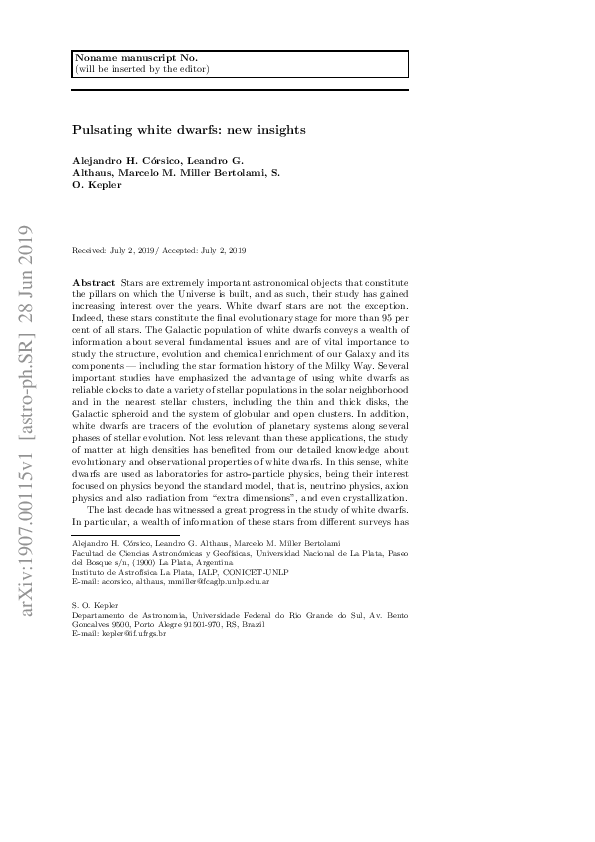 (PDF) Pulsating white dwarfs: new insights