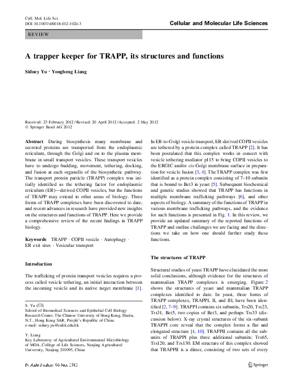 (PDF) A trapper keeper for TRAPP, its structures and functions