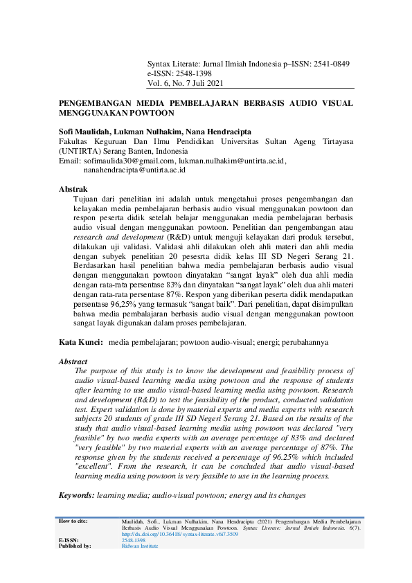 (PDF) Pengembangan Media Pembelajaran Berbasis Audio Visual Menggunakan Powtoon
