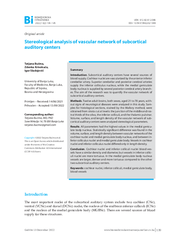 (PDF) Stereological analysis of vascular network of subcortical auditory centers