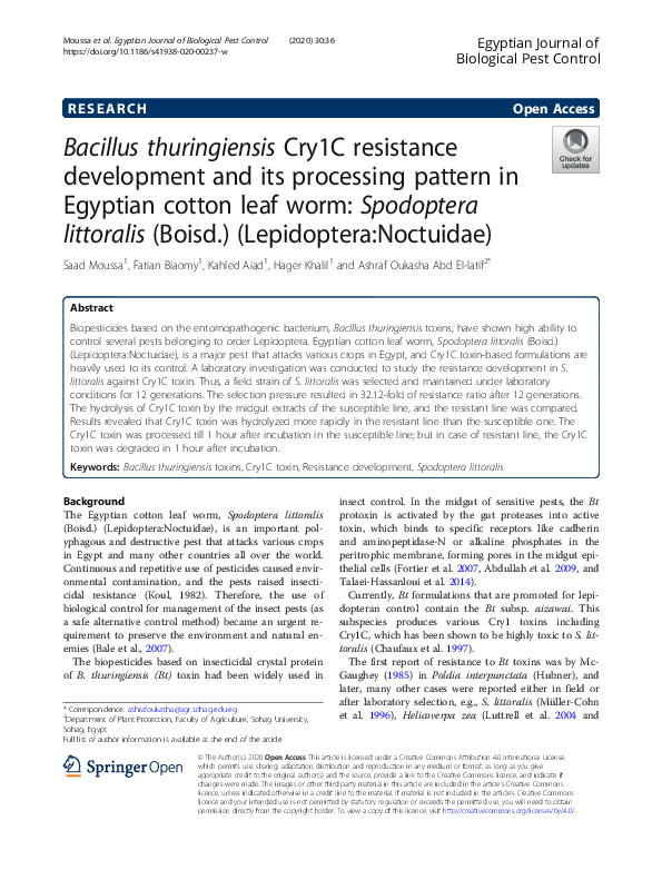 (PDF) Bacillus thuringiensis Cry1C resistance development and its processing pattern in Egyptian ...