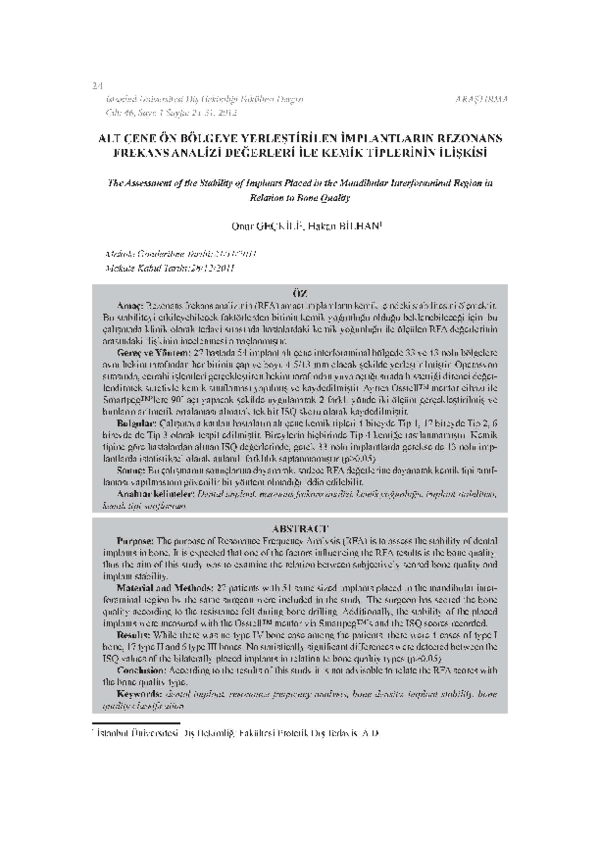(PDF) Alt Çene Ön Bölgeye Yerleşti̇ri̇len İmplantlarin Rezonans Frekans ...