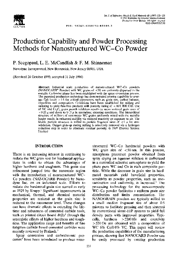 (PDF) Production capability and powder processing methods for nanostructured WC-Co powder