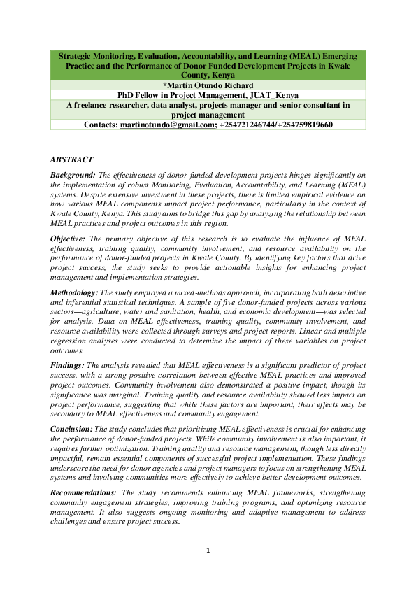 (PDF) Strategic Monitoring, Evaluation, Accountability, and Learning (MEAL) and Donor Funded ...