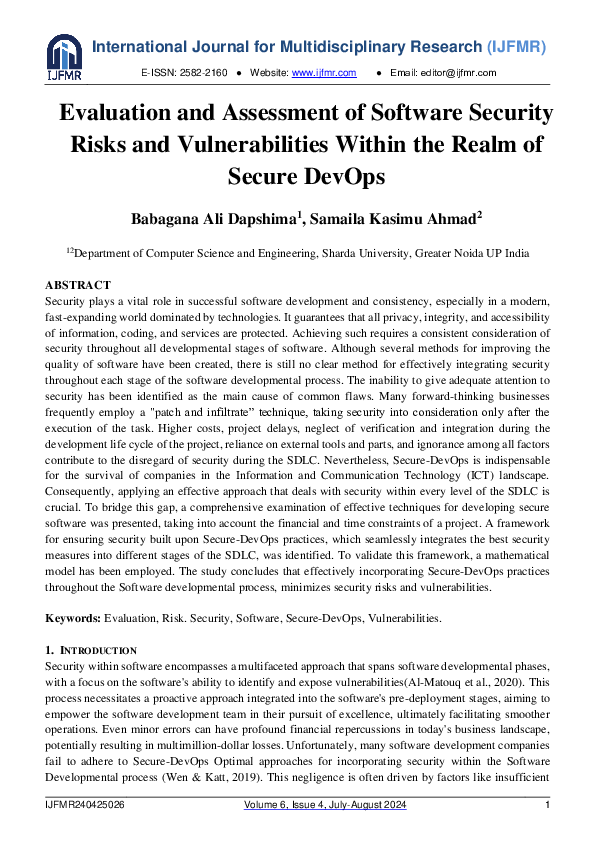(PDF) Evaluation and Assessment of Software Security Risks and Vulnerabilities Within the Realm ...