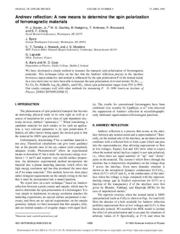 (PDF) Andreev reflection: A new means to determine the spin ...
