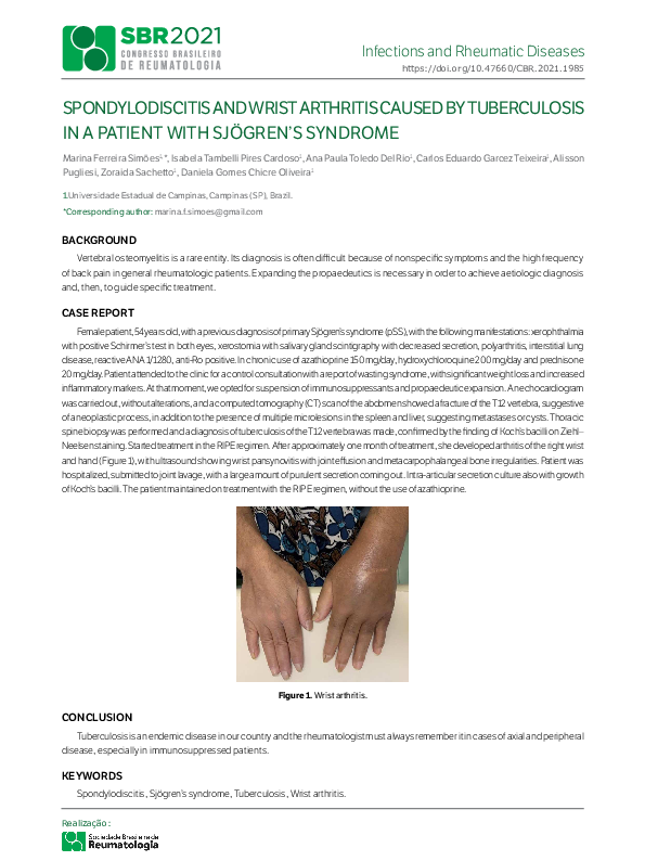 (PDF) Spondylodiscitis and wrist arthritis caused by Tuberculosis in a ...