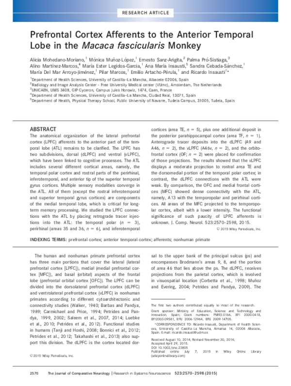 (PDF) Prefrontal cortex afferents to the anterior temporal lobe in ...