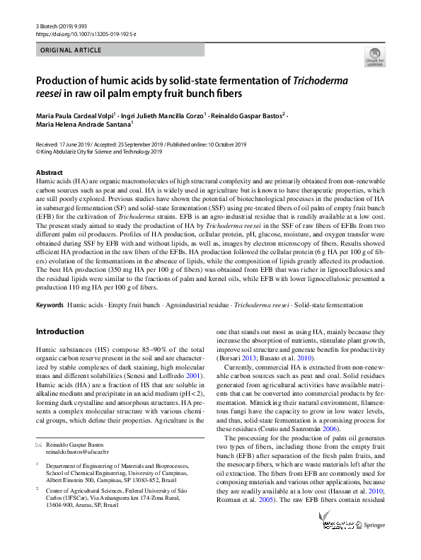 Pdf Production Of Humic Acids By Solid State Fermentation Of Trichoderma Reesei In Raw Oil