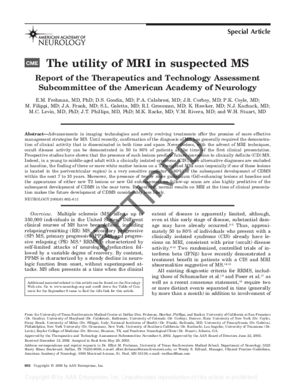 (PDF) The utility of MRI in suspected MS: report of the Therapeutics ...