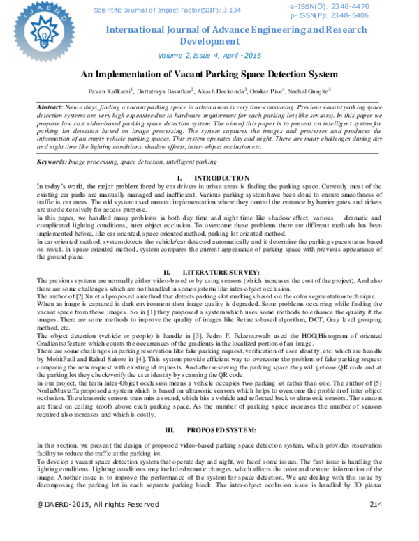 Pdf An Implementation Of Vacant Parking Space Detection System