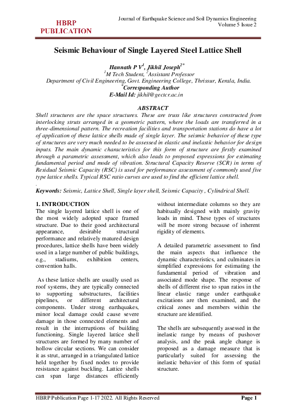 (PDF) Seismic Behaviour of Single Layered Steel Lattice Shell