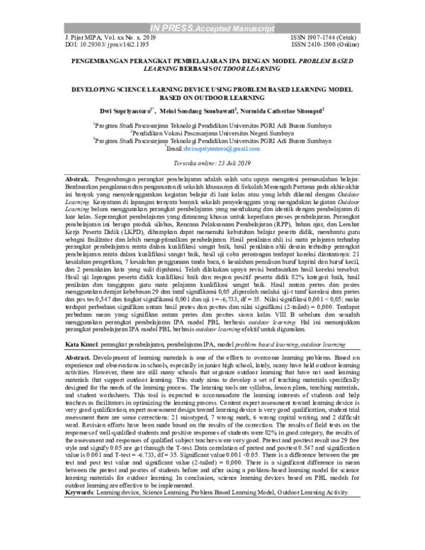 (PDF) Pengembangan Perangkat Pembelajaran IPA dengan Model Problem Based Learning Berbasis ...