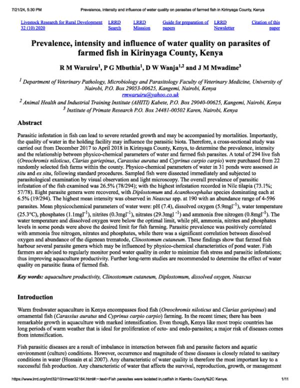 (PDF) Prevalence, intensity and influence of water quality on parasites ...