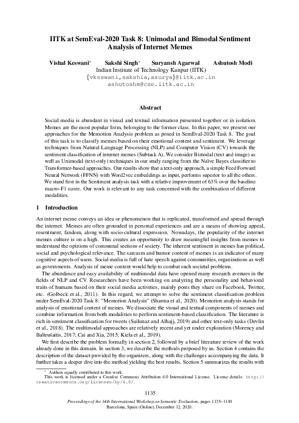 (PDF) IITK at SemEval-2020 Task 8: Unimodal and Bimodal Sentiment Analysis of Internet Memes