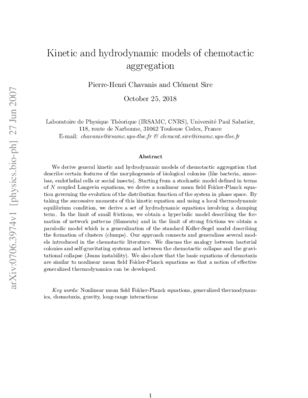 (PDF) Kinetic and hydrodynamic models of chemotactic aggregation