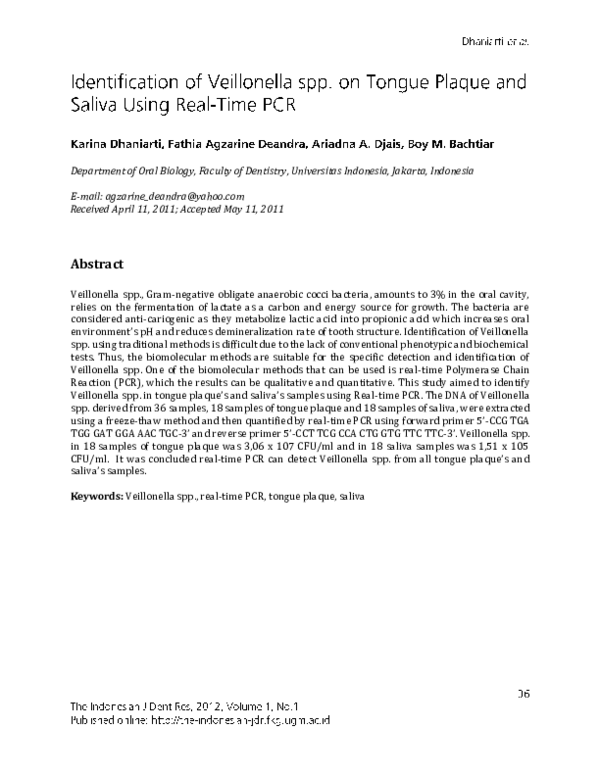 (PDF) Identification of Veillonella spp. on Tongue Plaque and Saliva ...