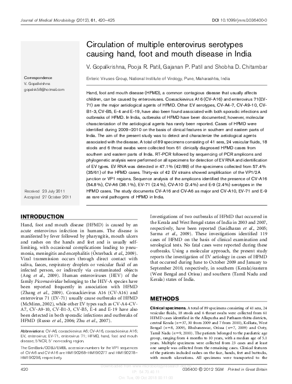 (PDF) Circulation of multiple enterovirus serotypes causing hand, foot ...