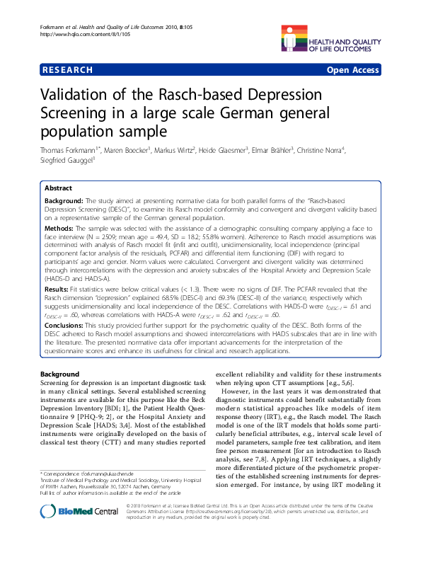 Validation of the Rasch-based Depression Screening in a large scale German general population sample
