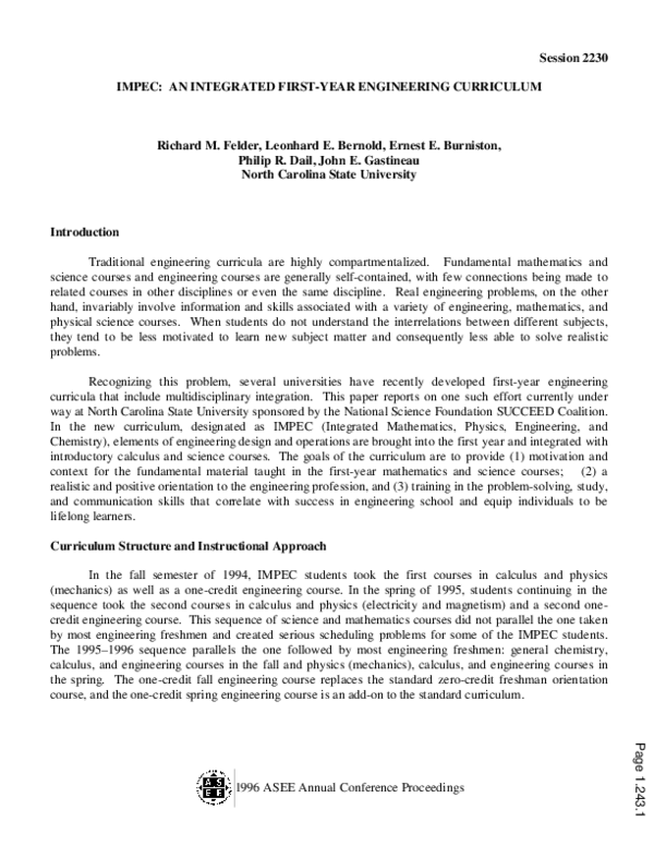 (PDF) Impec: An Integrated First Year Engineering Curriculum