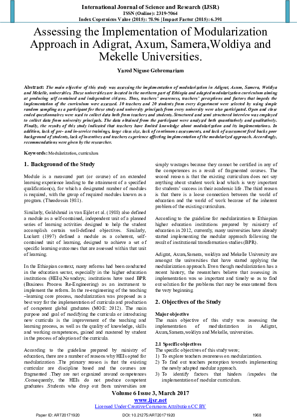 (PDF) Assessing the Implementation of Modularization Approach in Adigrat , Axum , Samera ...