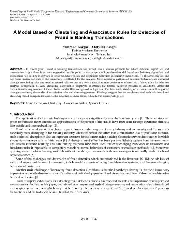 Pdf A Model Based On Clustering And Association Rules For Detection Of Fraud In Banking