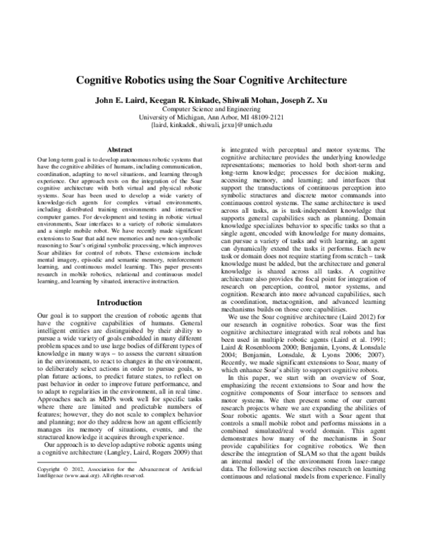 (PDF) Cognitive robotics using the soar cognitive architecture