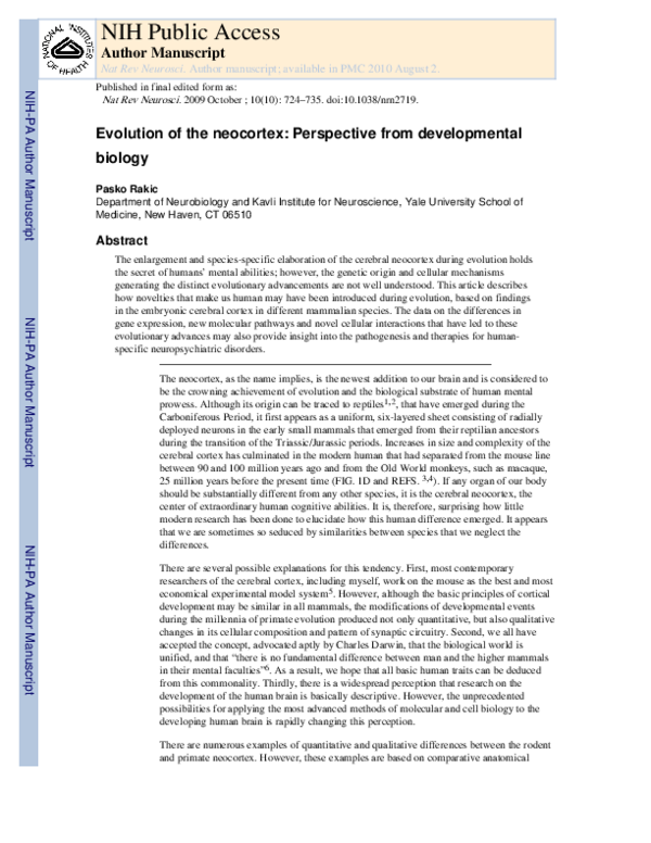 (PDF) Evolution of the neocortex: a perspective from developmental biology
