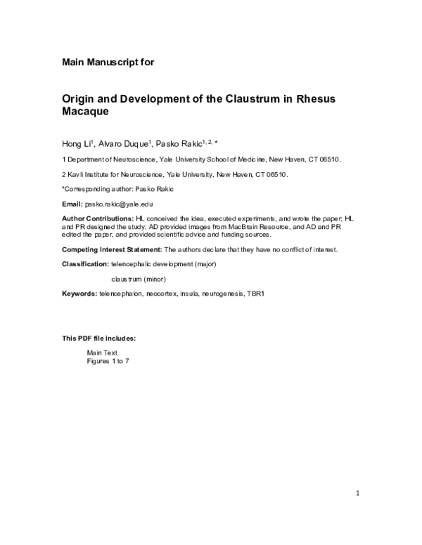 (PDF) Origin and Development of the Claustrum in Rhesus Macaque