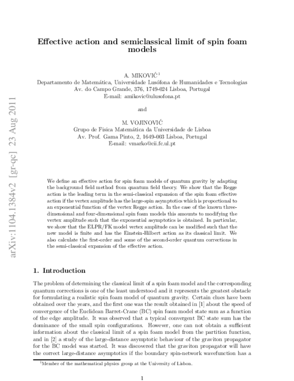 (PDF) Effective action and semi-classical limit of spin-foam models (PDF) Effective action and semi-classical limit of spin-foam models