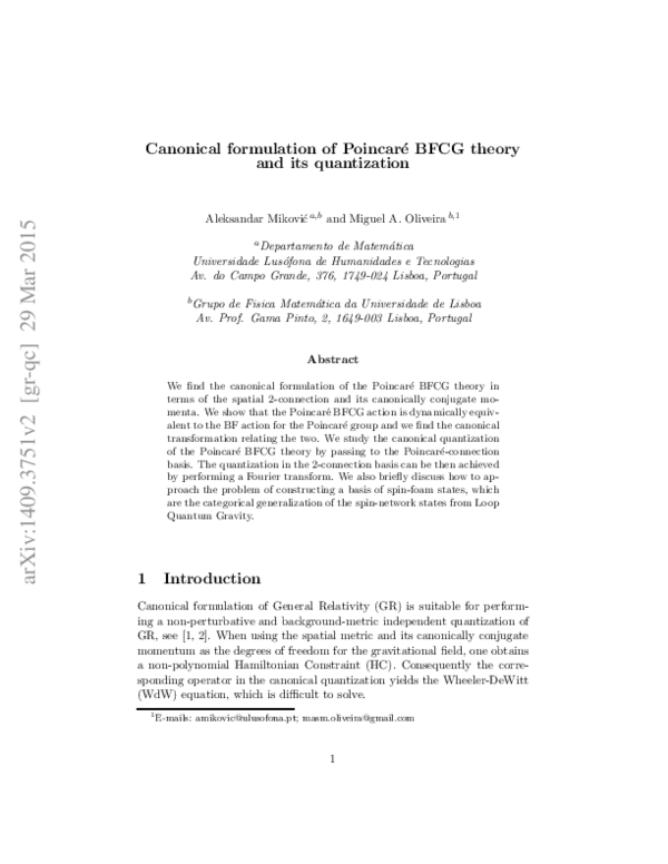 (PDF) Canonical formulation of Poincaré BFCG theory and its quantization
