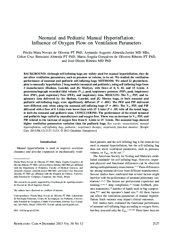 (PDF) Neonatal and Pediatric Manual Hyperinflation: Influence of Oxygen Flow on Ventilation ...