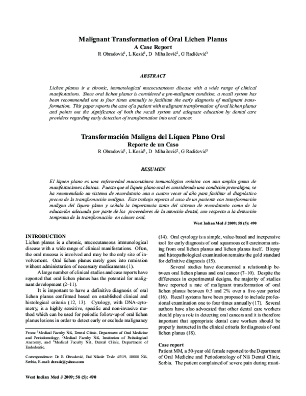 (PDF) Malignant transformation of oral lichen planus. A case report