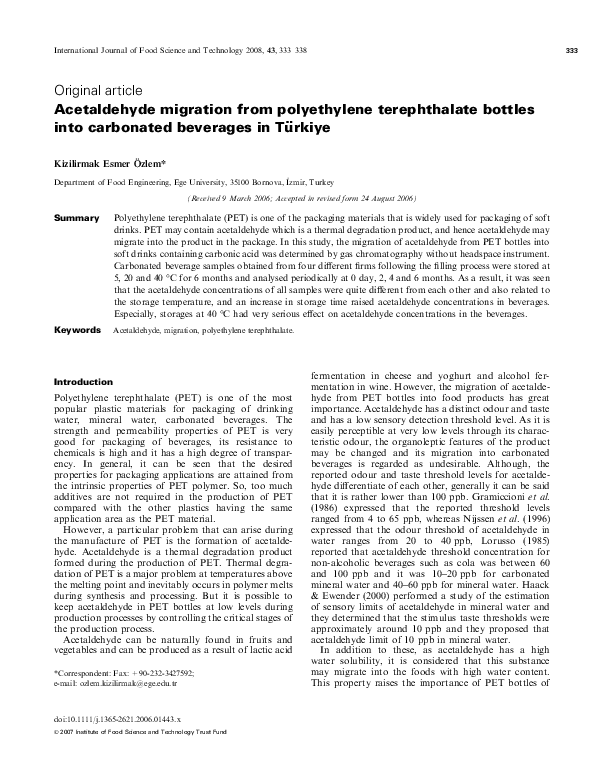 (PDF) Acetaldehyde migration from polyethylene terephthalate bottles ...