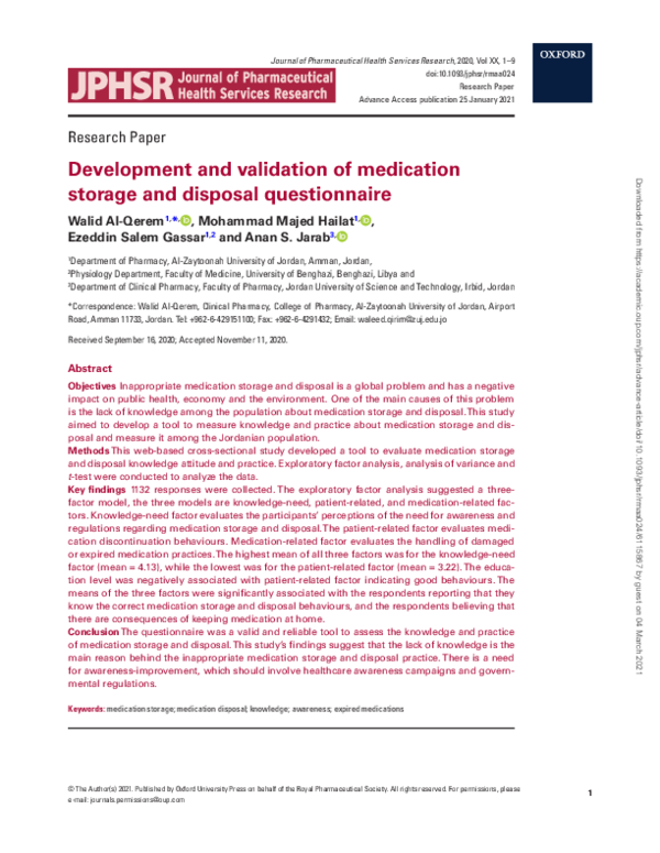 (PDF) Development and validation of medication storage and disposal questionnaire