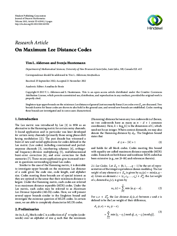 (PDF) On Maximum Lee Distance Codes