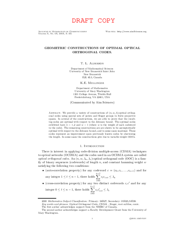 (PDF) Geometric constructions of optimal optical orthogonal codes