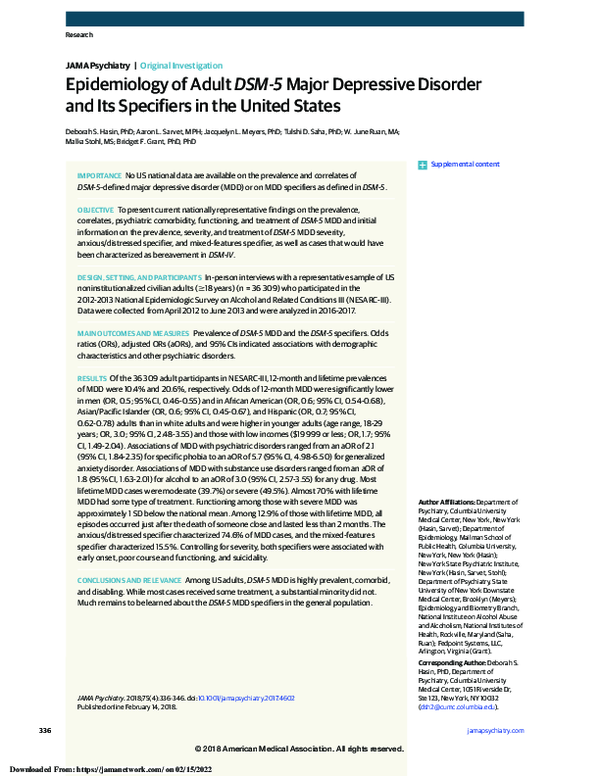 (PDF) Epidemiology of Adult DSM-5 Major Depressive Disorder and Its ...