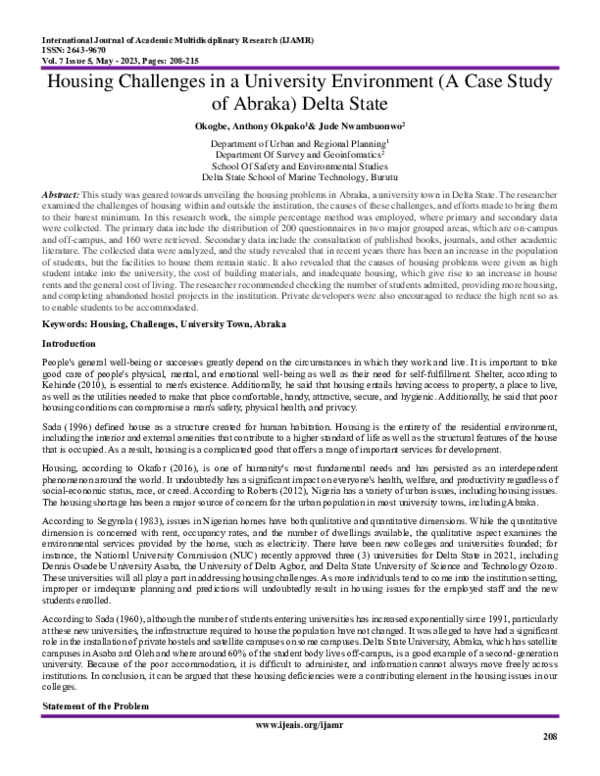 (PDF) Housing Challenges in a University Environment (A Case Study of ...
