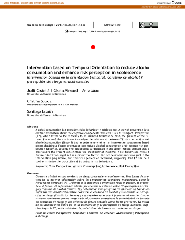 (PDF) Intervención basada en la orientación temporal. Consumo de alcohol y percepción del riesgo ...