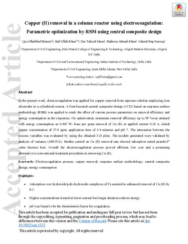 (PDF) Copper (II) removal in a column reactor using electrocoagulation ...
