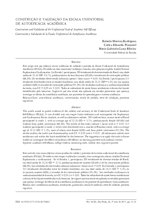 (PDF) Construction and Validation of the Unifactorial Scale of Academic ...