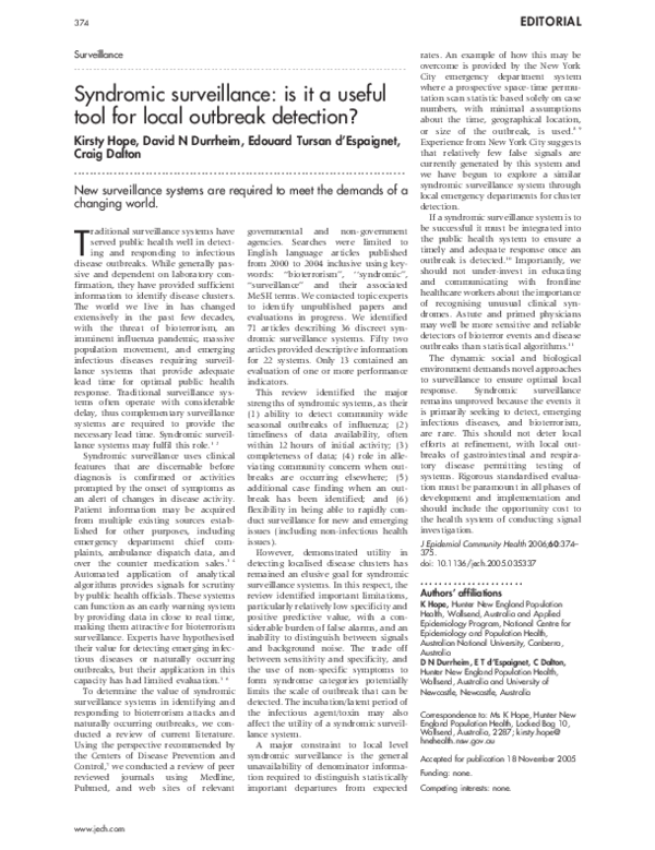 Pdf Syndromic Surveillance Is It A Useful Tool For Local Outbreak Detection