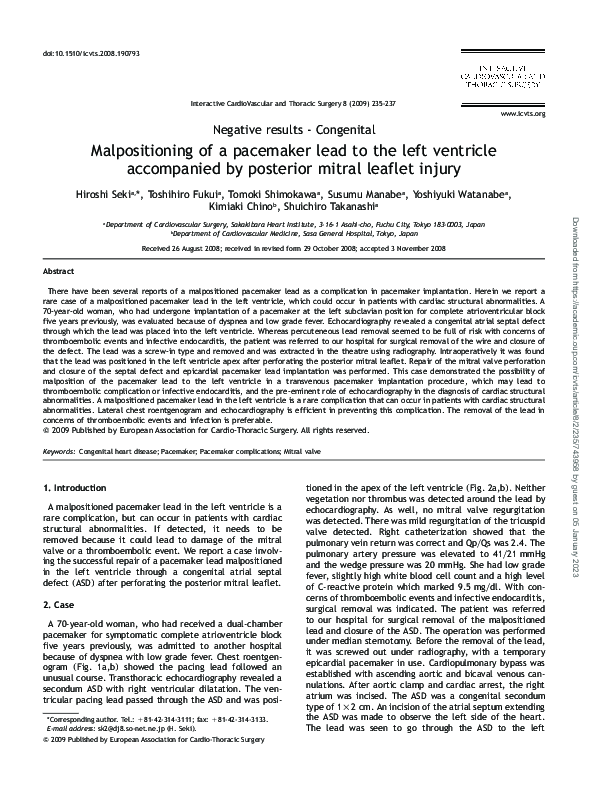 (PDF) Malpositioning of a pacemaker lead to the left ventricle ...