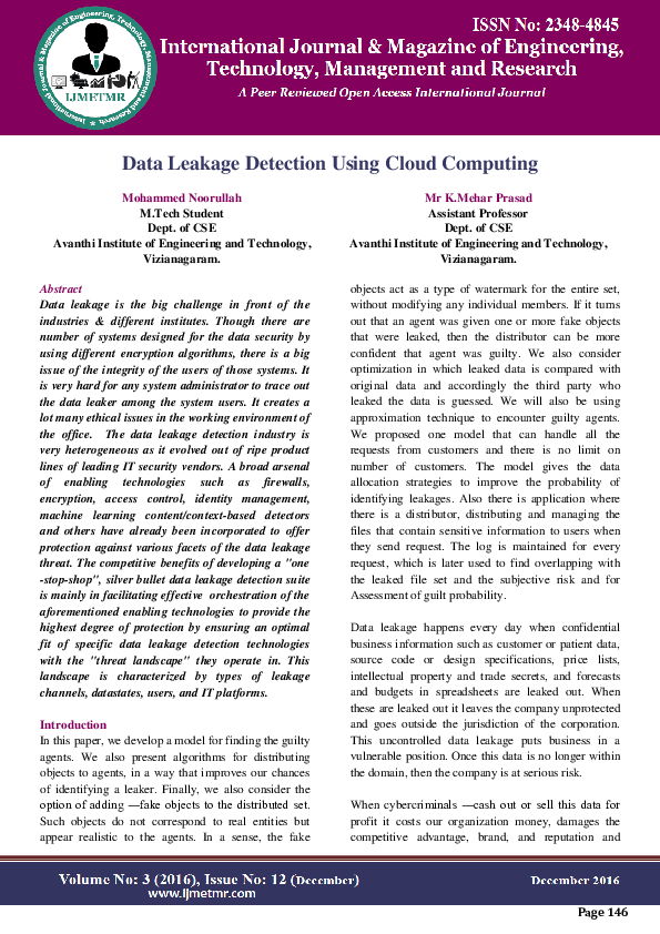 (PDF) Data Leakage Detection Using Cloud Computing
