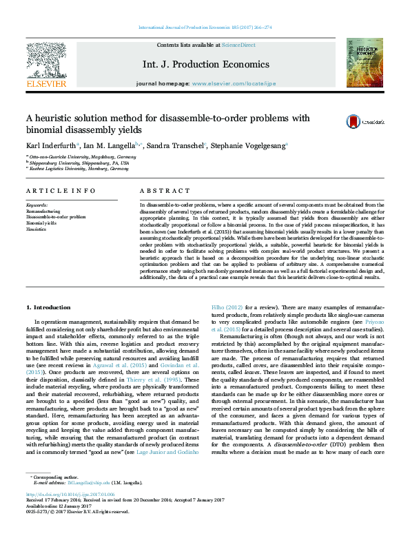 (PDF) A heuristic solution method for disassemble-to-order problems with binomial disassembly yields