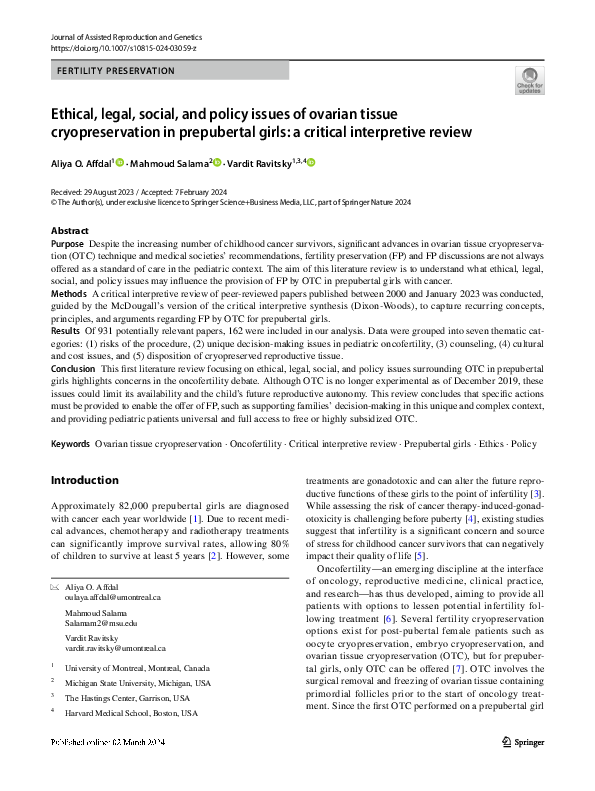 (PDF) Ethical, legal, social, and policy issues of ovarian tissue ...