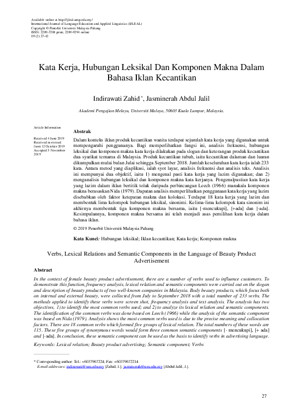 (PDF) Kata Kerja, Hubungan Leksikal Dan Komponen Makna Dalam Bahasa Iklan Kecantikan
