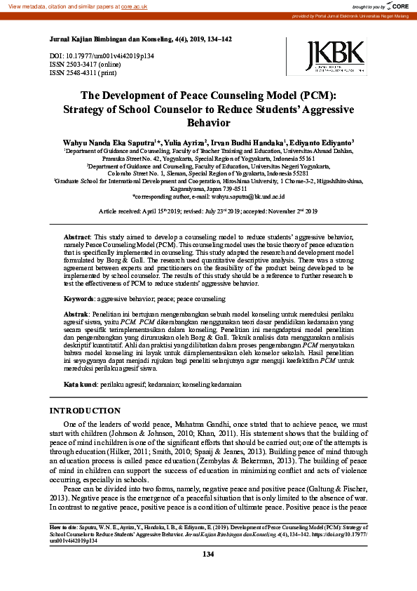 (PDF) The Development of Peace Counseling Model (PCM): Strategy of ...