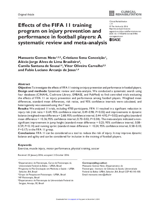 (PDF) Effects of the FIFA 11 training program on injury prevention and ...